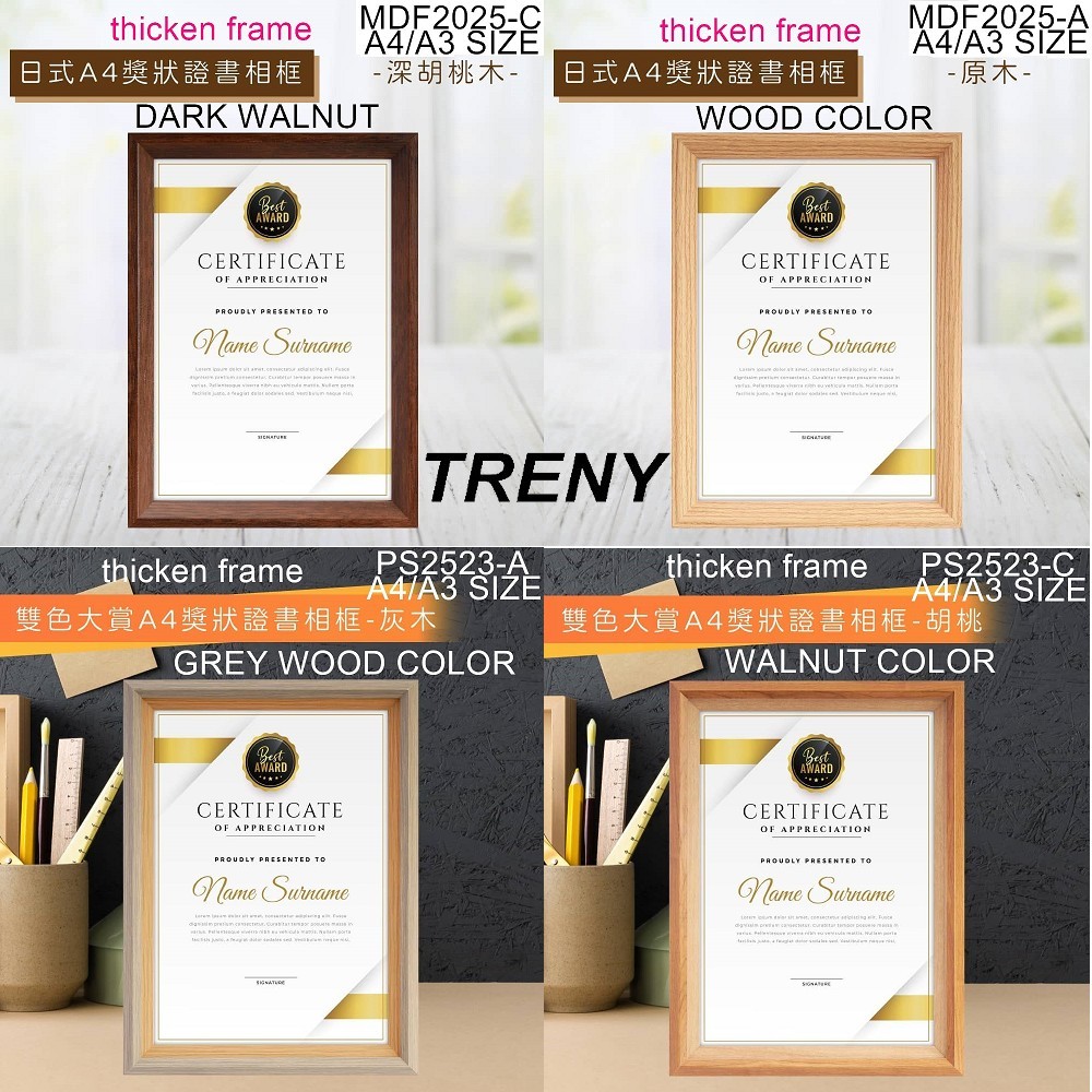 TRENY A4 Certificate or A3 Poster Frame | Metalic Gold/Silver/Bronze/Rose Gold Frame for Award ...