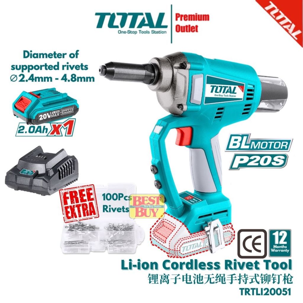 TOTAL P20s 20V series BL motor Cordless Rivet Tool w/ battery, Charger ...
