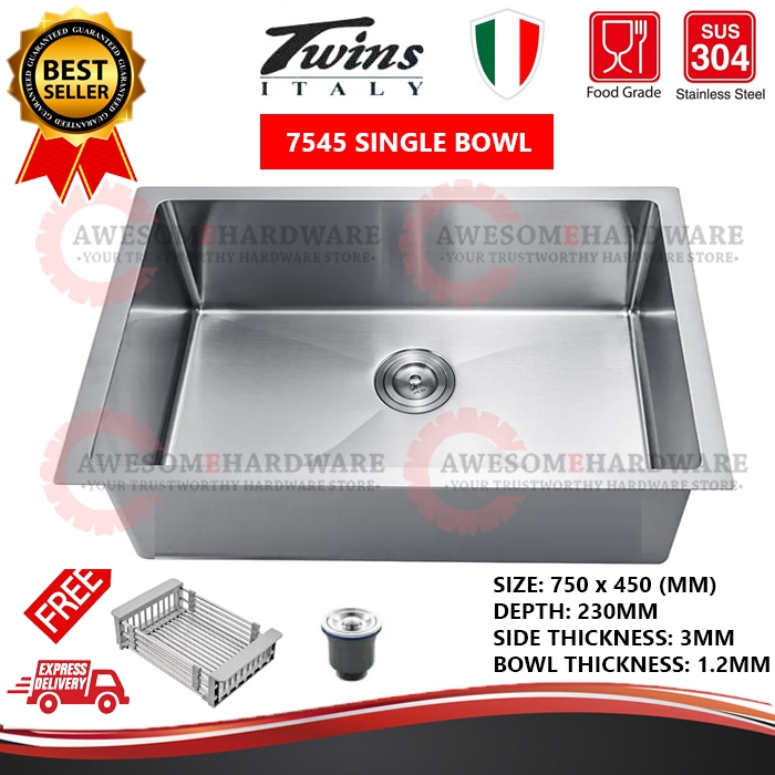 (WIDE SINGLE BOWL) TWINS 7545 75X45 SUS304 STAINLESS STEEL HANDMADE ...