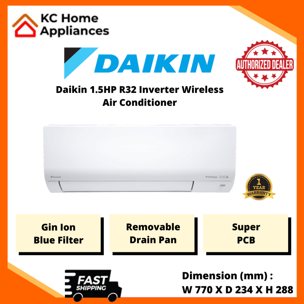 Daikin 1.5HP R32 Inverter Wireless Air Conditioner | Removable Drain Pan | FTKF35CV1MF-3WMY-LF ...