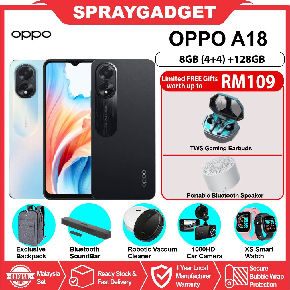 OPPO A18 8GB* (4+4GB Extended RAM) + 128GB ROM 🎁OPPO Malaysia Warranty ...