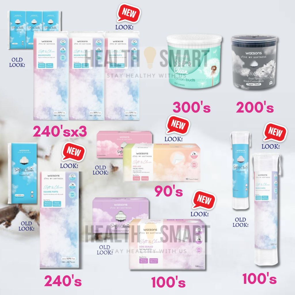 Watsons Soft & Clean Side Sealed 100's/ Square Puffs Face Cotton ...