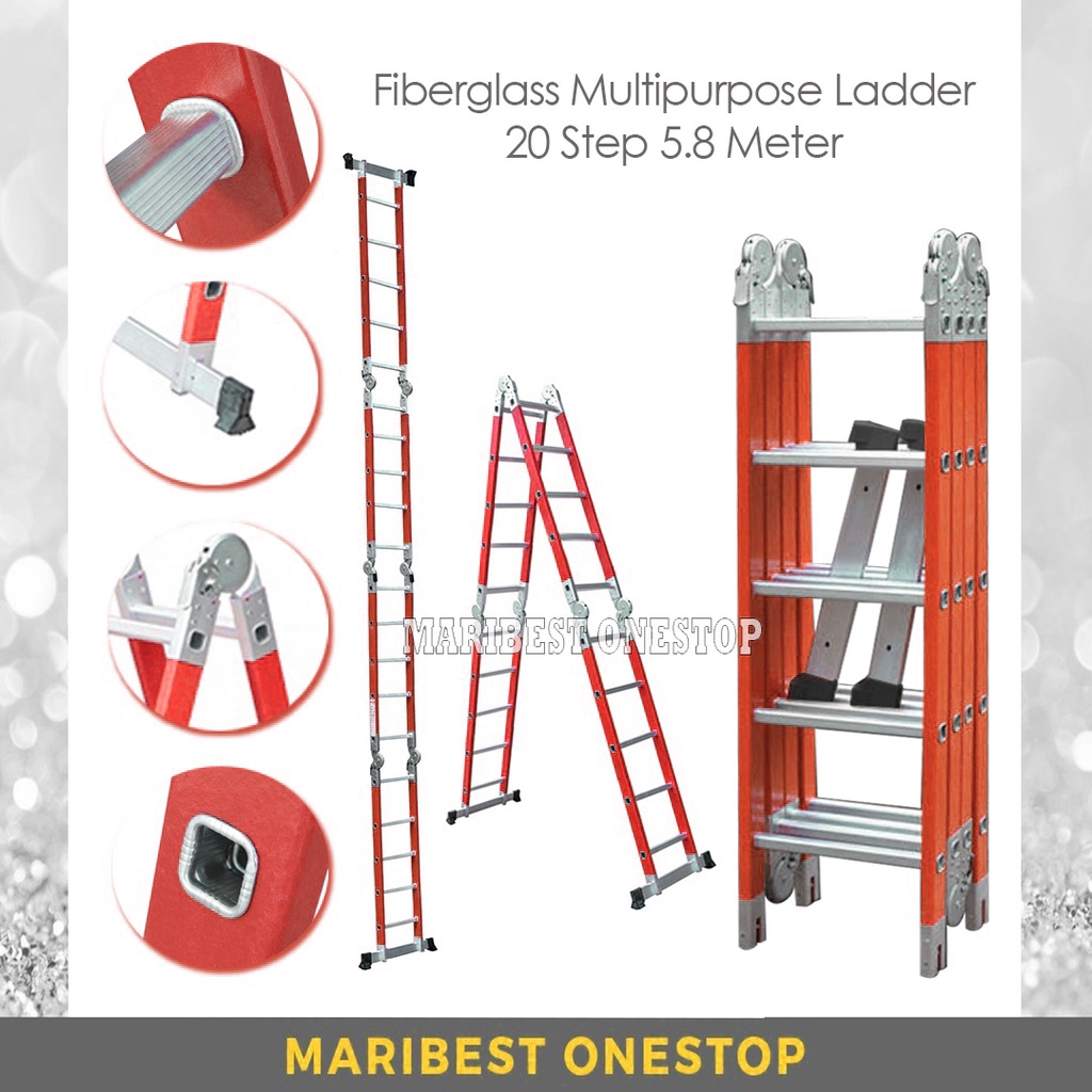 20 Step 5.8 Meter Fiberglass Heavy Duty Multipurpose Ladder Work Ladder ...