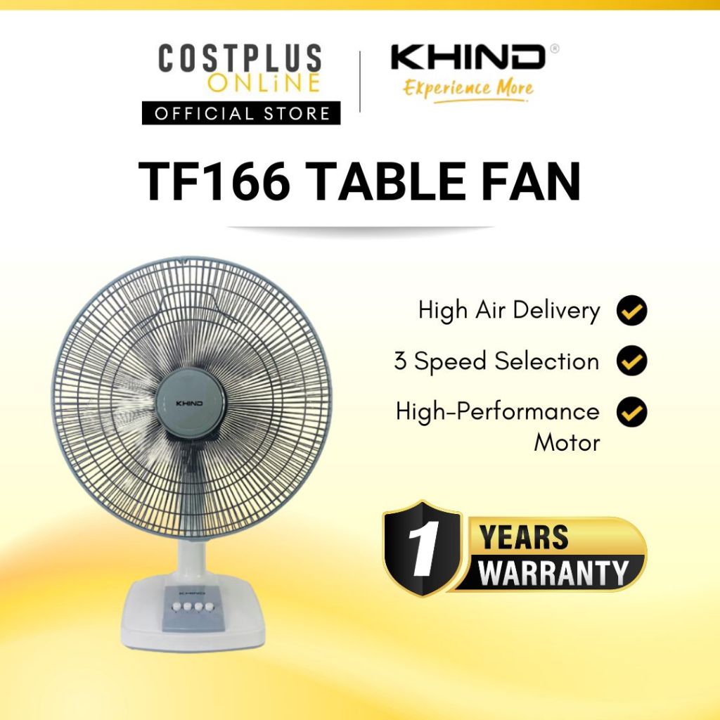 Khind TF166 16" Table Fan with Safety Thermal Fuse High Performance Motor 3 Blade 3 Speeds ...