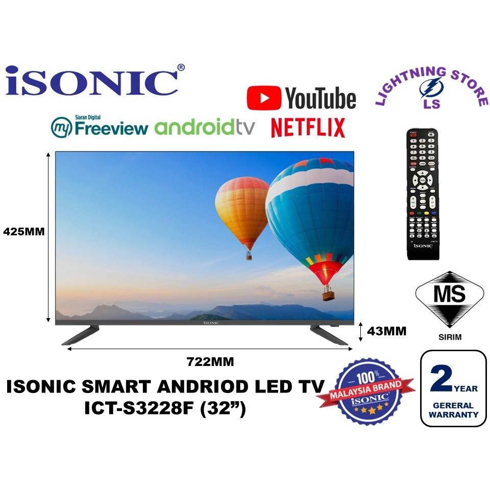 ISONIC SMART ANDRIOD LED TV YOUTUBE NETFLIX ICT-S3228F (32") (FOC 1M HDMI CABLE) | Shopee Malaysia