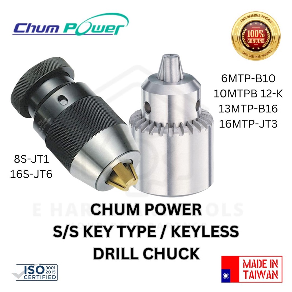 CHUM POWER TAIWAN S/S Key Type Taper Thread Mount Keyless Drill Chuck ...