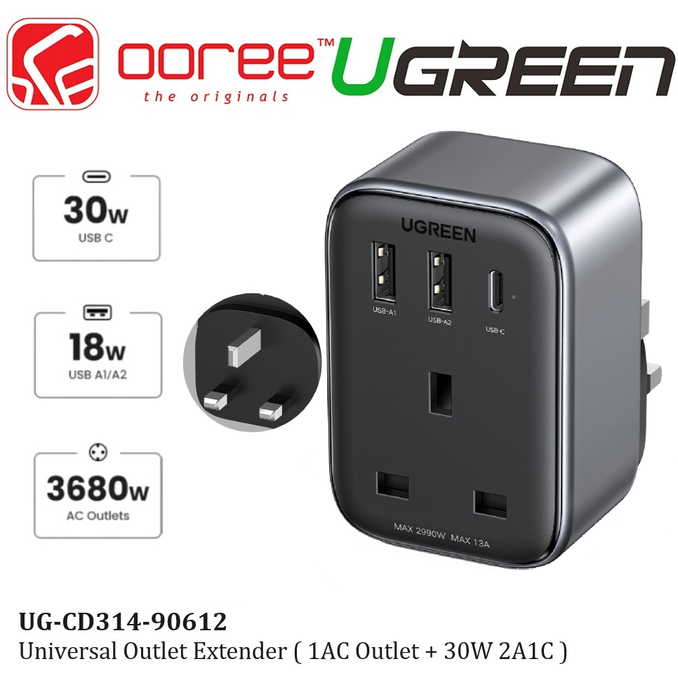 UGREEN UG-CD314-90612 PD30W (1 AC OUTLET+30W 2A1C) UK PLUG UNIVERSAL ...