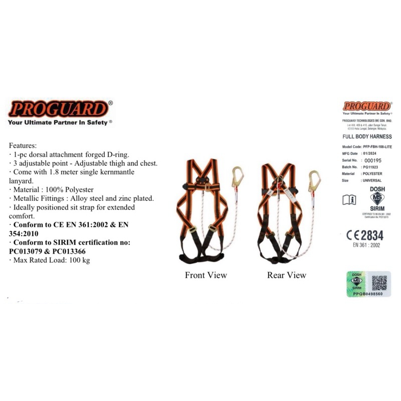 Proguard Full Body Harness Single Big Hook Lite 1 D-ring - Single ...
