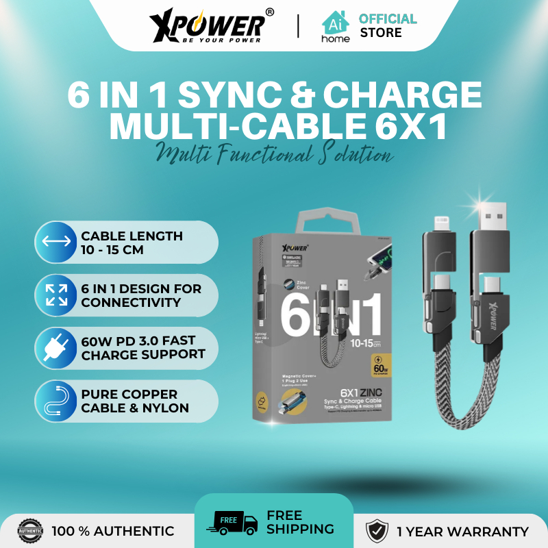 XPOWER 6 in 1 Multi-Cable 60W PD 3.0 Sync & Charge 6X1 Pure Copper ...