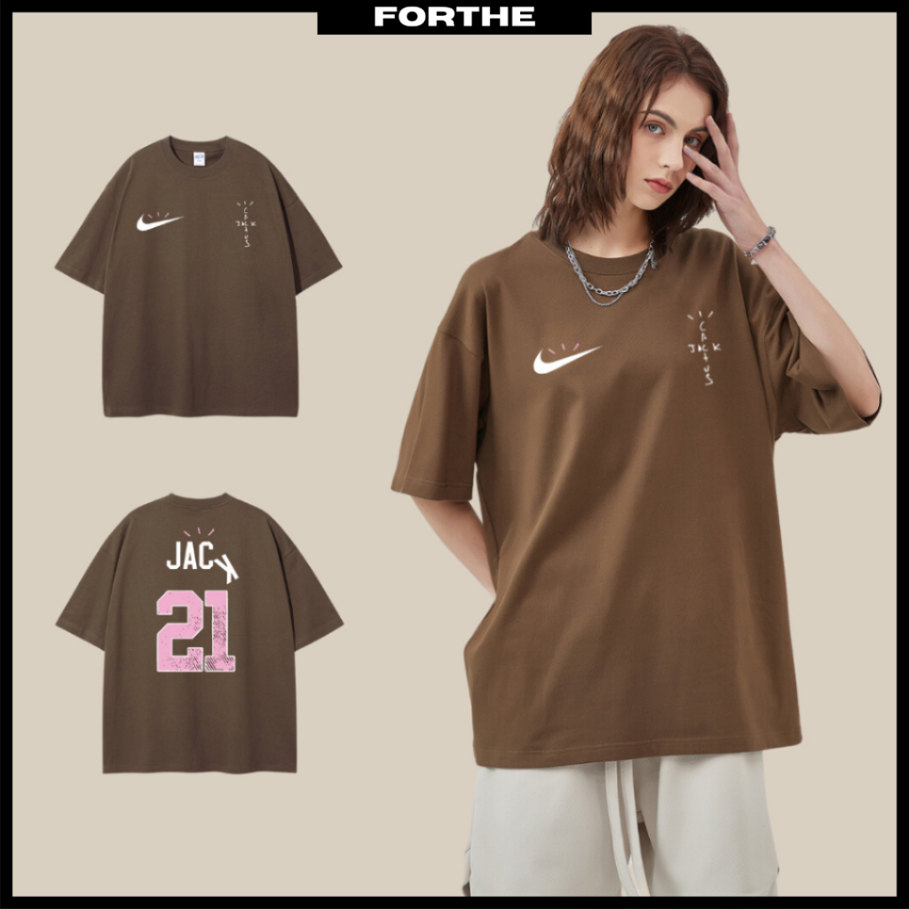 CACTUS JACK 21 Nike Print Oversized Brown T-shirt 280g Heavy Cotton Oversized T-shirt Streetwear ...