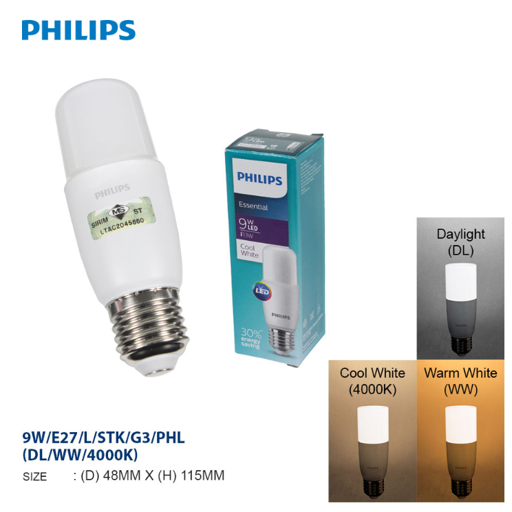 PHILIPS Essential LED Stick Bulb 9W E27 Philips LED Bulb 6500K Daylight / 3000K Warm White ...
