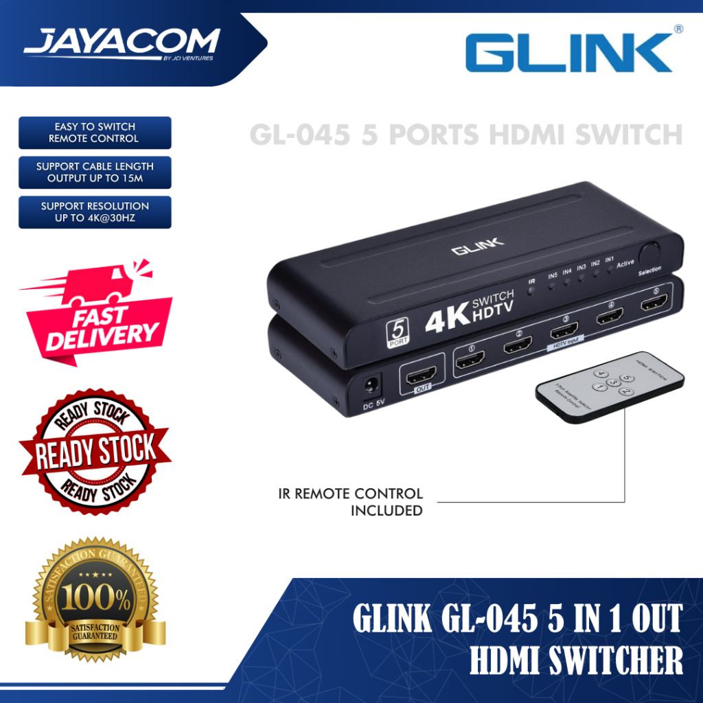 Glink GL-045 [5 In 1 Out] HDMI Switch (5 Ports / Supports Up To 4K@30Hz ...