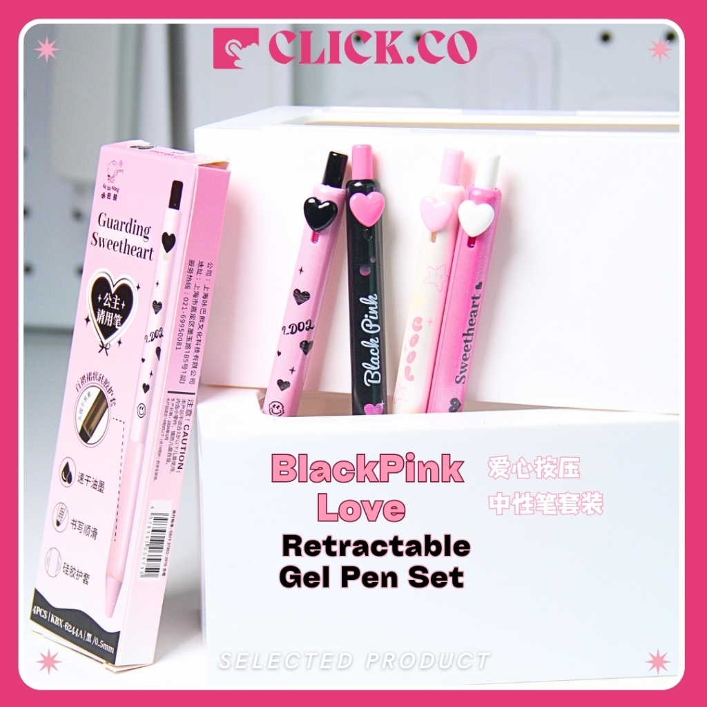 Black Pink Heart Retractable Gel Pen Set, 4 pcs /Pack, Black Ink, quick ...