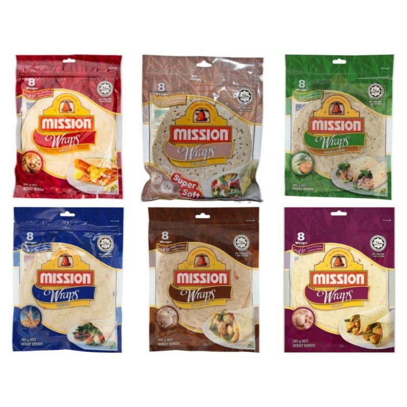 Mission Wraps 360g x 8 wraps Wholegrain/Original/Garlic/Onion&Chive ...