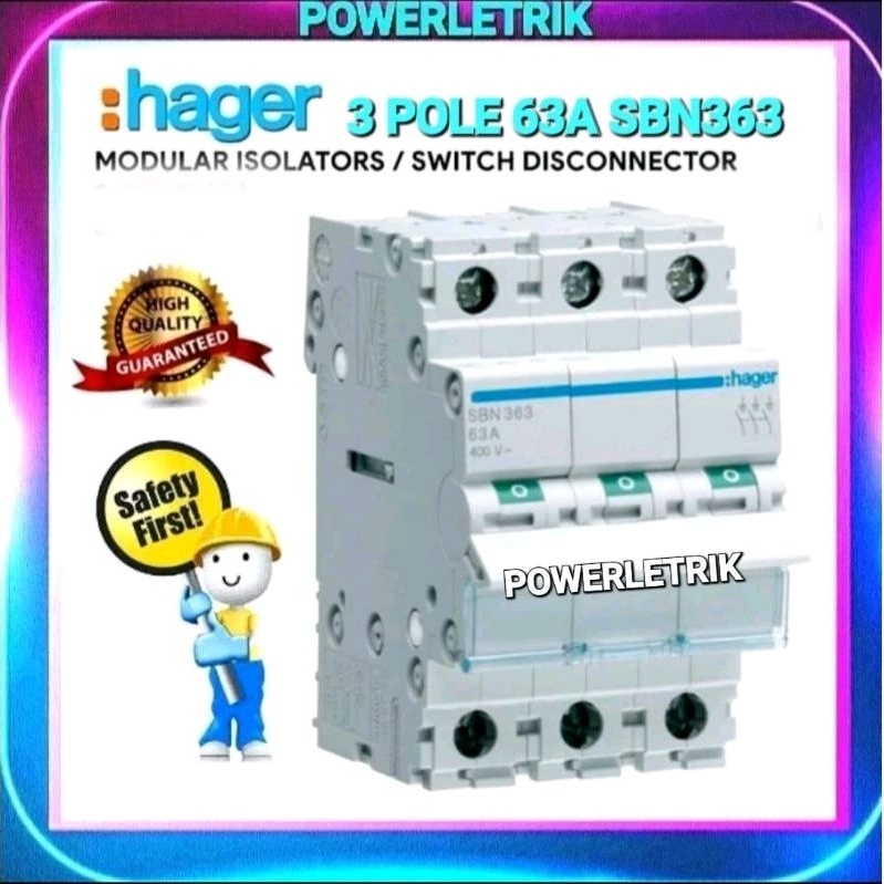 💯 ORIGINAL HAGER SBN363 3 POLE 63A ISOLATOR SWITCH DISCONNECTION 400V ...