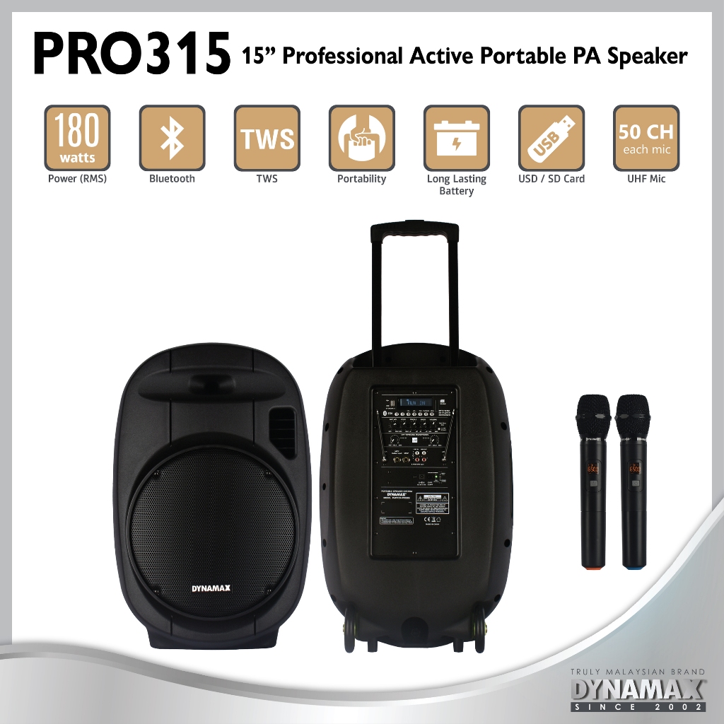 DYNAMAX PRO315 15" 180W Bluetooth Portable Active PA Speaker System with 2 UHF handheld mic, TWS ...