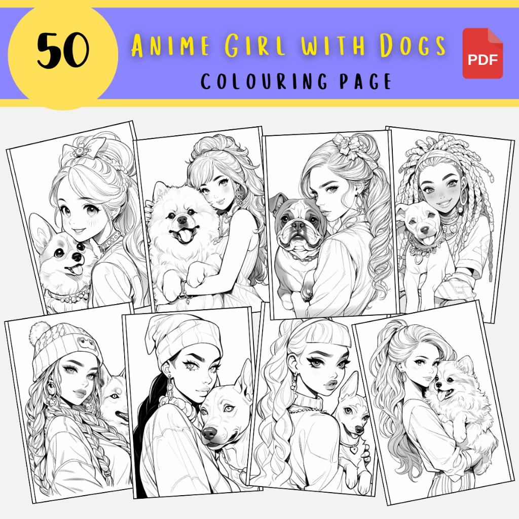[PDF] A060 Anime Girls with Dogs Colouring Pages | Adult Colouring Book ...