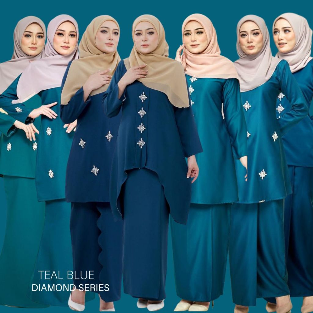 [teal blue] plain basic diamond series kurung moden riau scallop/kebaya ...