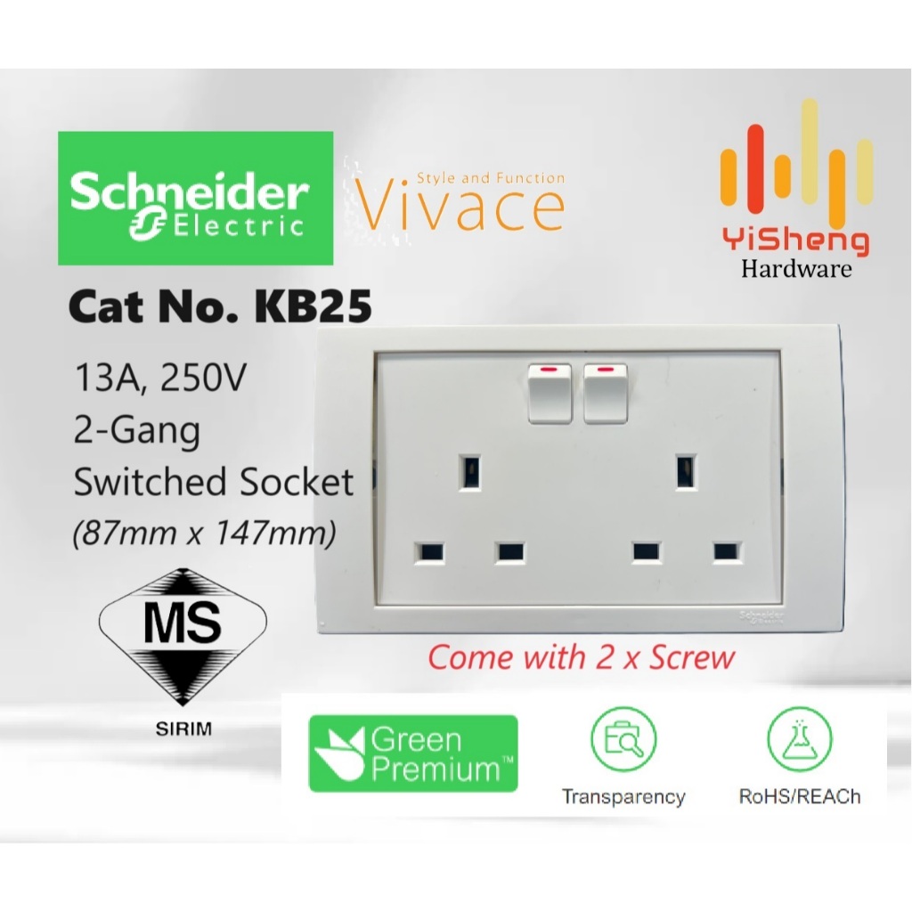 Schneider Vivace KB25 13A 250V 2-Gangs Switched Socket (White) Size ...