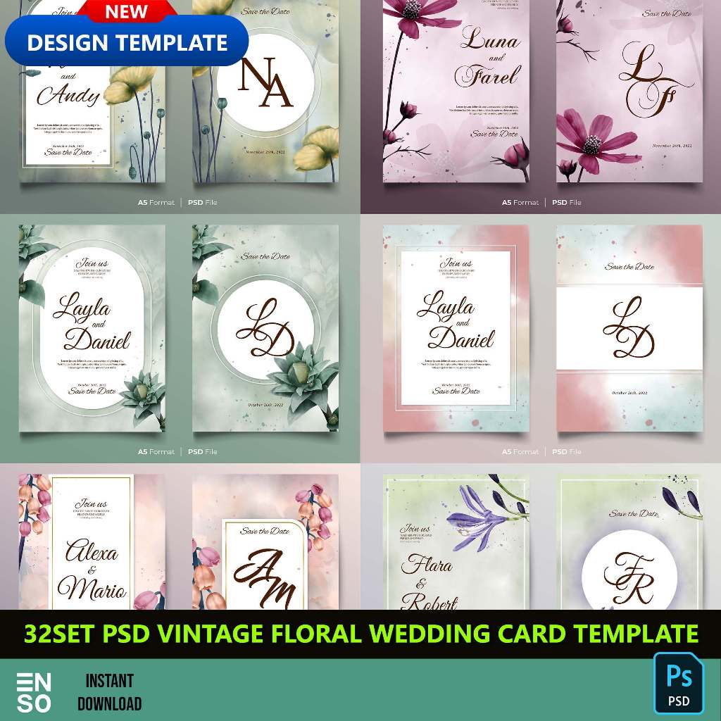 32-Set PSD Vintage Floral Wedding Card Design Template | PHOTOSHOP Kad ...