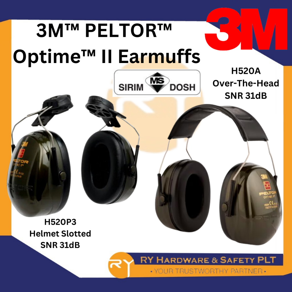3M™ PELTOR™ OPTIME™ II EARMUFFS Hearing Protector|Over-The-Head H520A SNR 31dB|Helmet Slotted ...