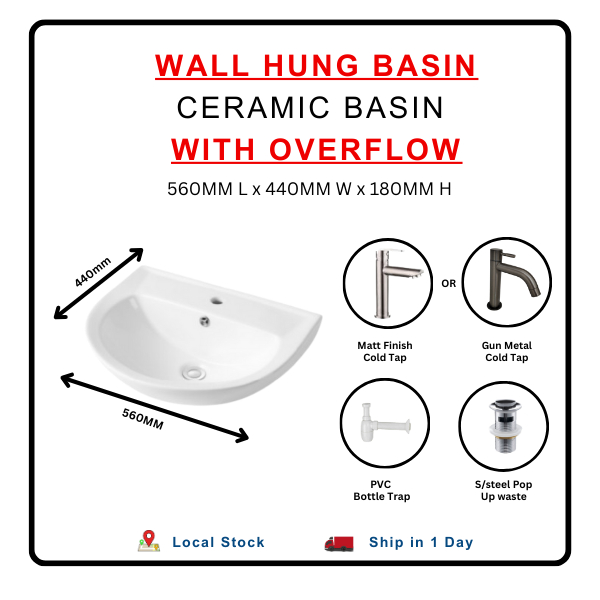 560MM White Ceramic Wall Hung Basin Sink With Overflow Tandas Sinki For ...