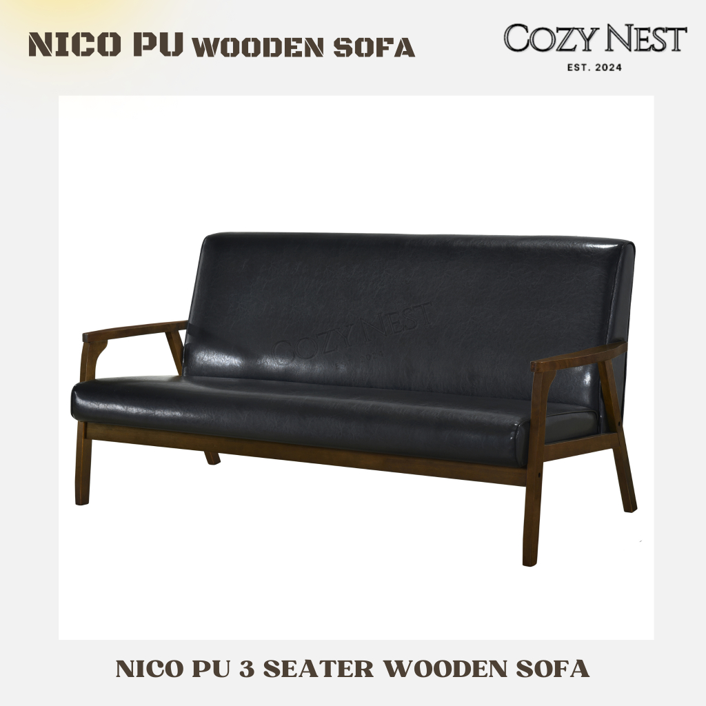 COZY NEST NICO PU 3 Seater Wooden Sofa/Solid Wood Frame/Thick and ...