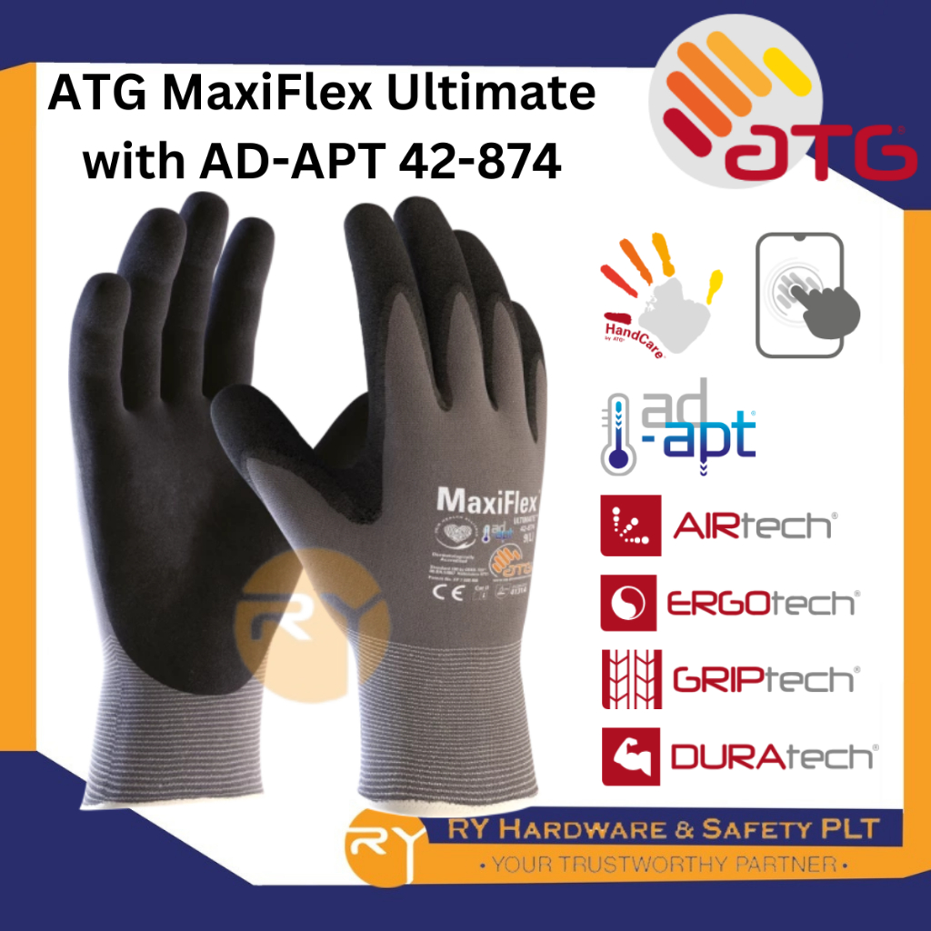 ATG MAXIFLEX ULTIMATE 42-874 with AD-APT PALM COATED KNITWRIST Safety Gloves Breathable ...
