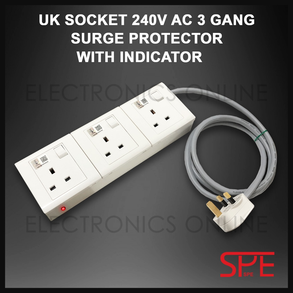 SPE Surge Protector UK Socket 240V 3 Gang w LED Indicator Lightning ...