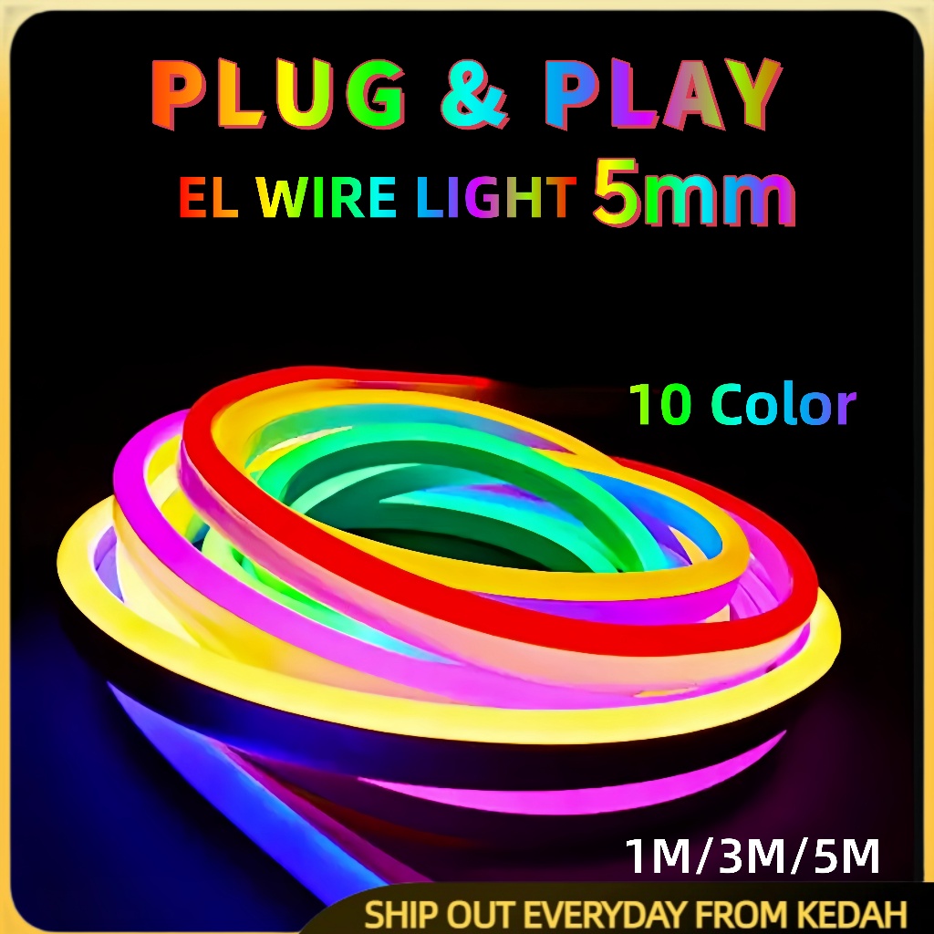 5mm EL Wire Neon Light Strip LED Neon Flex Plug And Play Rope Light for ...