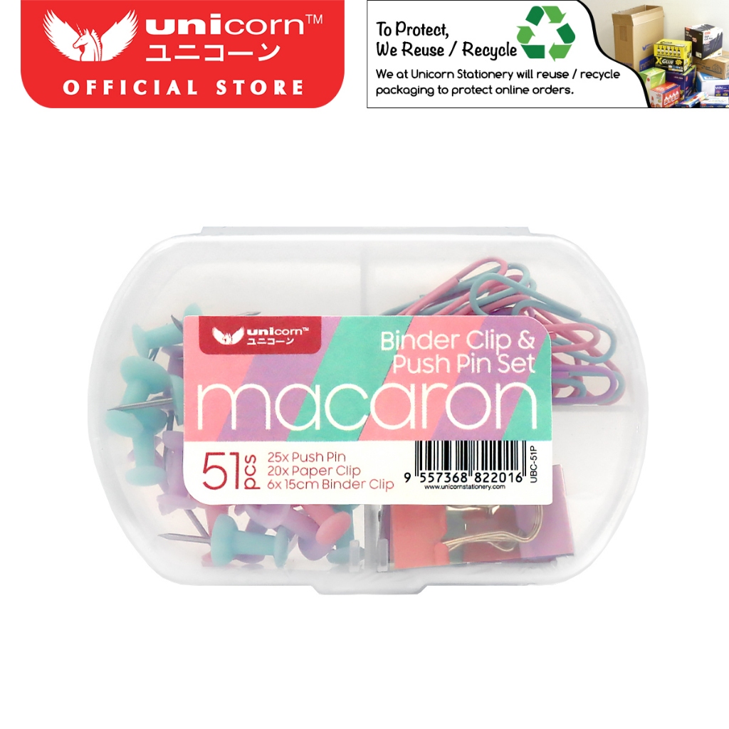 Unicorn Stationery Macaron 3in1 Set Push Pin / Paper Clip / 15mm Binder ...