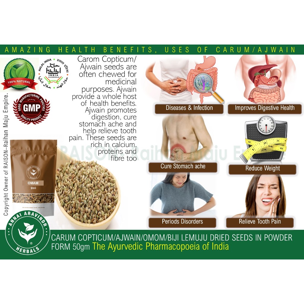 CARUM COPTICUM/AJWAIN/OMAM/BIJI LEMUJU DRIED SEEDS IN POWDER FORM 50gm ...