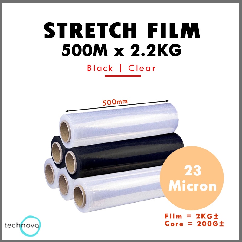 Stretch Film 500mm x 2.2kg x Core 0.2kg x 23micron Black / Clear Plastic Wrapping Roll Packaging ...