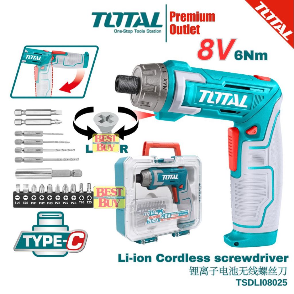 TOTAL Tools 8V Li-ion Cordless screwdriver with 2 positions adjustable handle 锂离子电池无线螺丝刀 ...