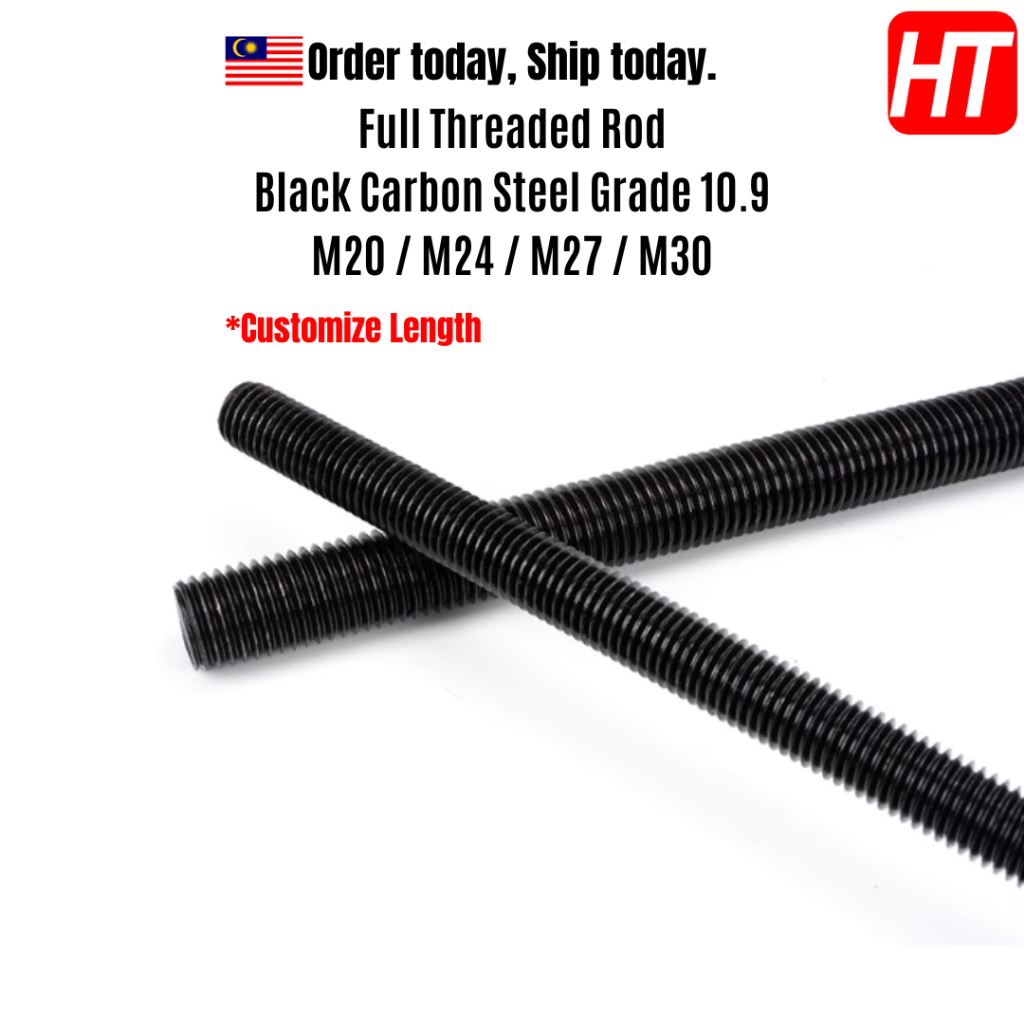[1PC] Black Carbon Steel Grade 8.8 Threaded Bar / Stud Rod Stud M20 M24 ...