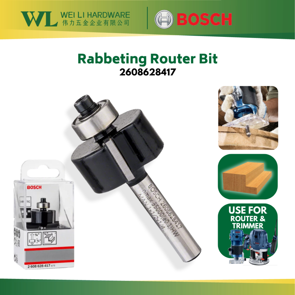 BOSCH 1/4" Router Bit Rabbeting Bit (Ball Bearing)2608628417/ router ...