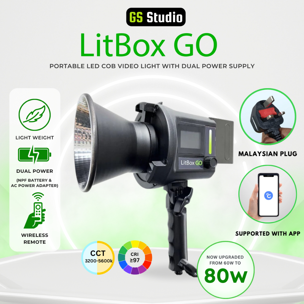 GS LitBox Go 80W Portable LED Video Light: Battery & AC Powered, 2.4G ...
