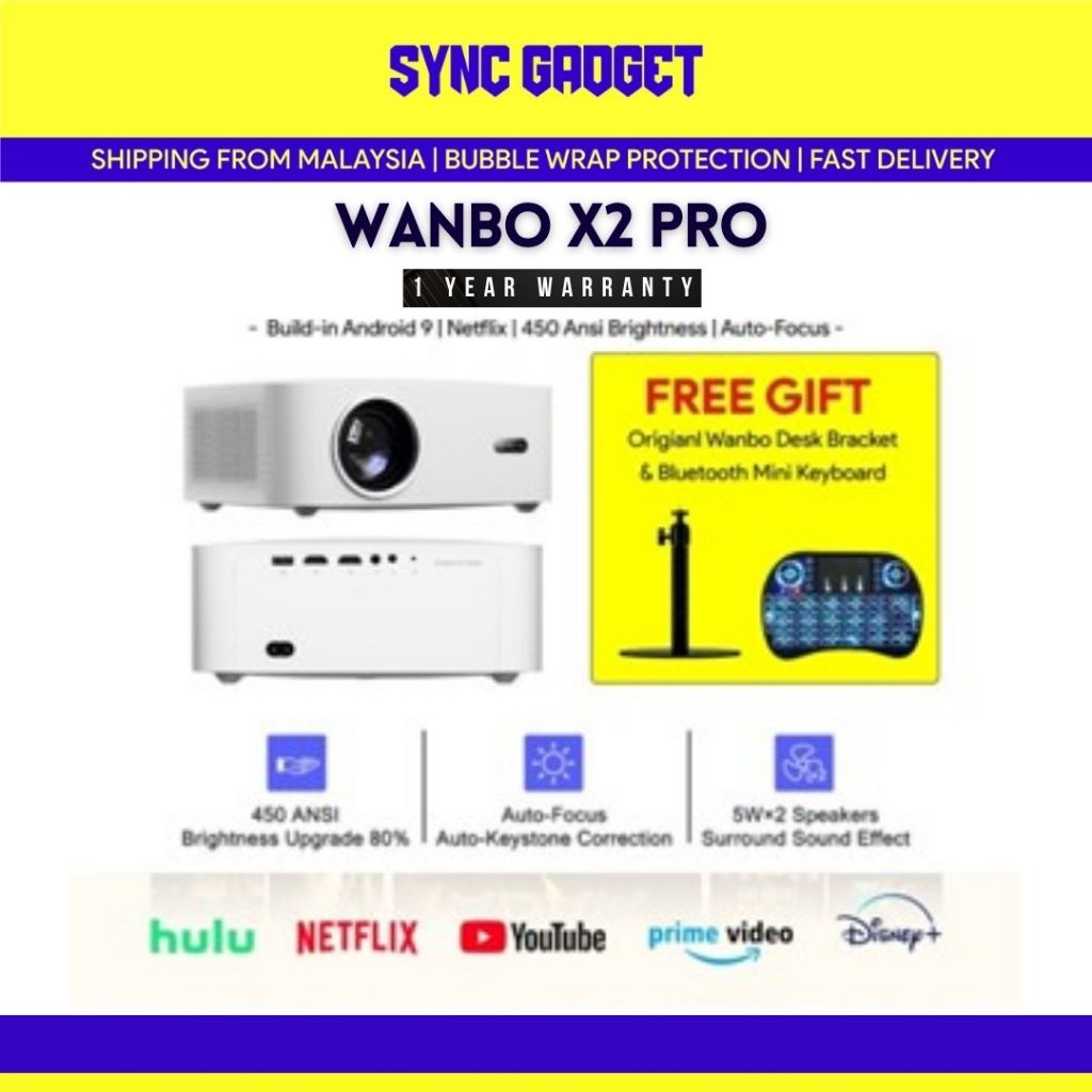 (Free Gifts) Wanbo X2 Pro Projector (Build in Android 9, Netflix, 450ANSI, Auto-focus ...