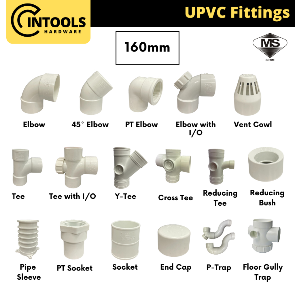 160MM UPVC BBB Pipe Fittings White Connector Elbow Socket Valve PT End Cap Cross Tee SIRIM ...