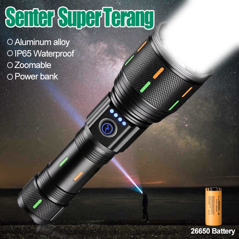 Senter LED Super Terang 100000 Lumens Zoomable Anti Air Senter Jarak Jauh 2000 Meter Type C ...