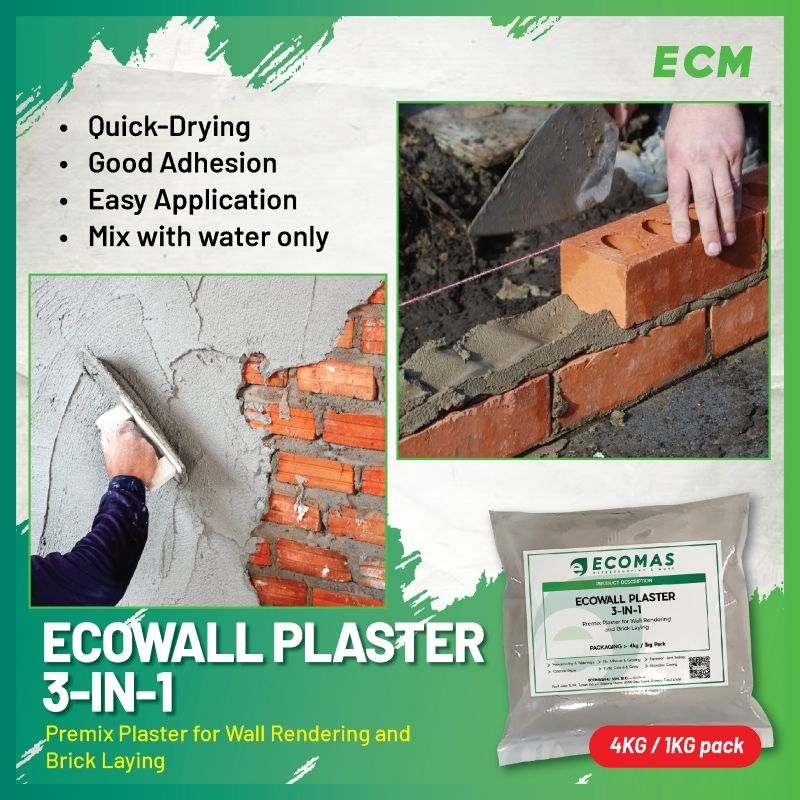 ECOWALL PLASTER 3-IN-1 (4KG PACK) HIGH STRENGTH, READY MIX SIMEN HITAM ...