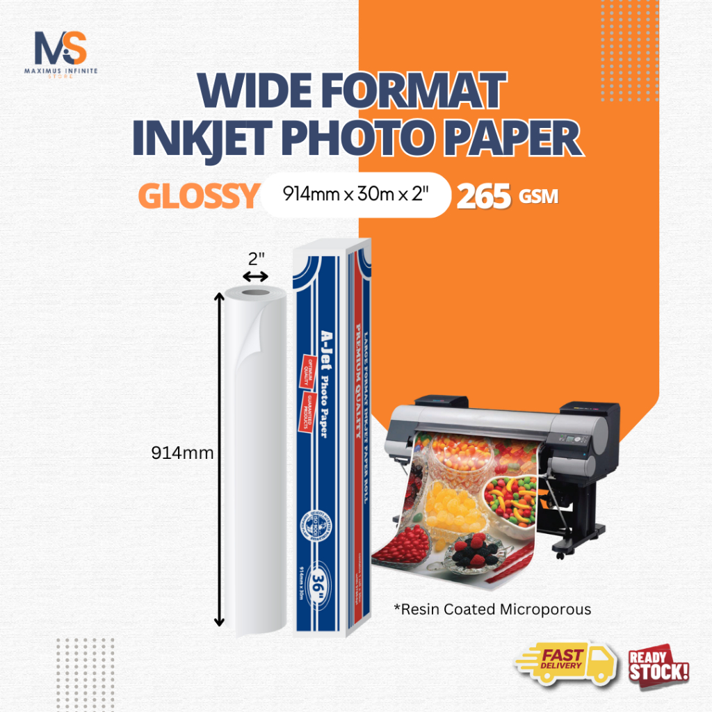 [GLOSSY] 914mm x 30M x 2'' - 265gsm / A-JET Wide format inkjet photo ...