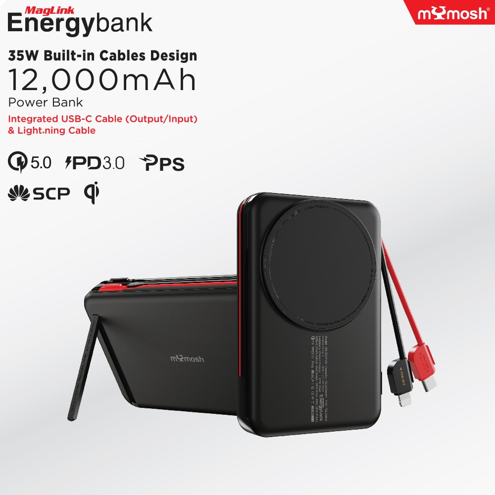 MYMOSH 35W POWER BANK 12,000MAH BUILT IN 2 CABLES AND PHONE STAND WITH ...