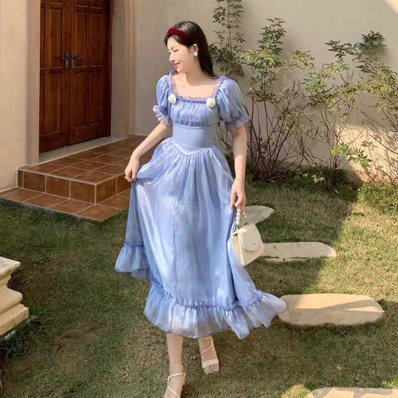 VOUGWEN Runaway Princess Dress - French Vintage Blue Bow Backless Fairy ...
