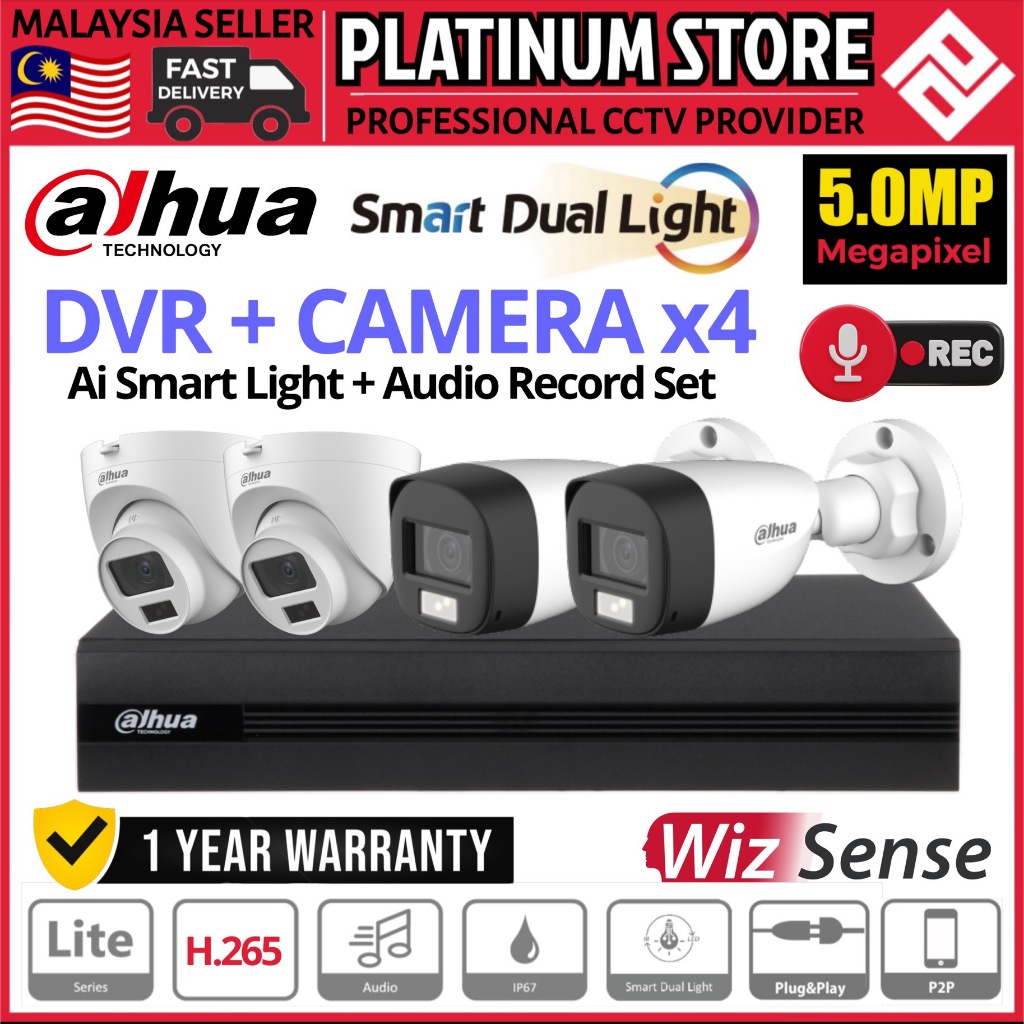 DAHUA 4CH 5.0MP AI DUAL SMART LIGHT NIGHT VIEW 4 CH CHANNEL DVR + 4 ...