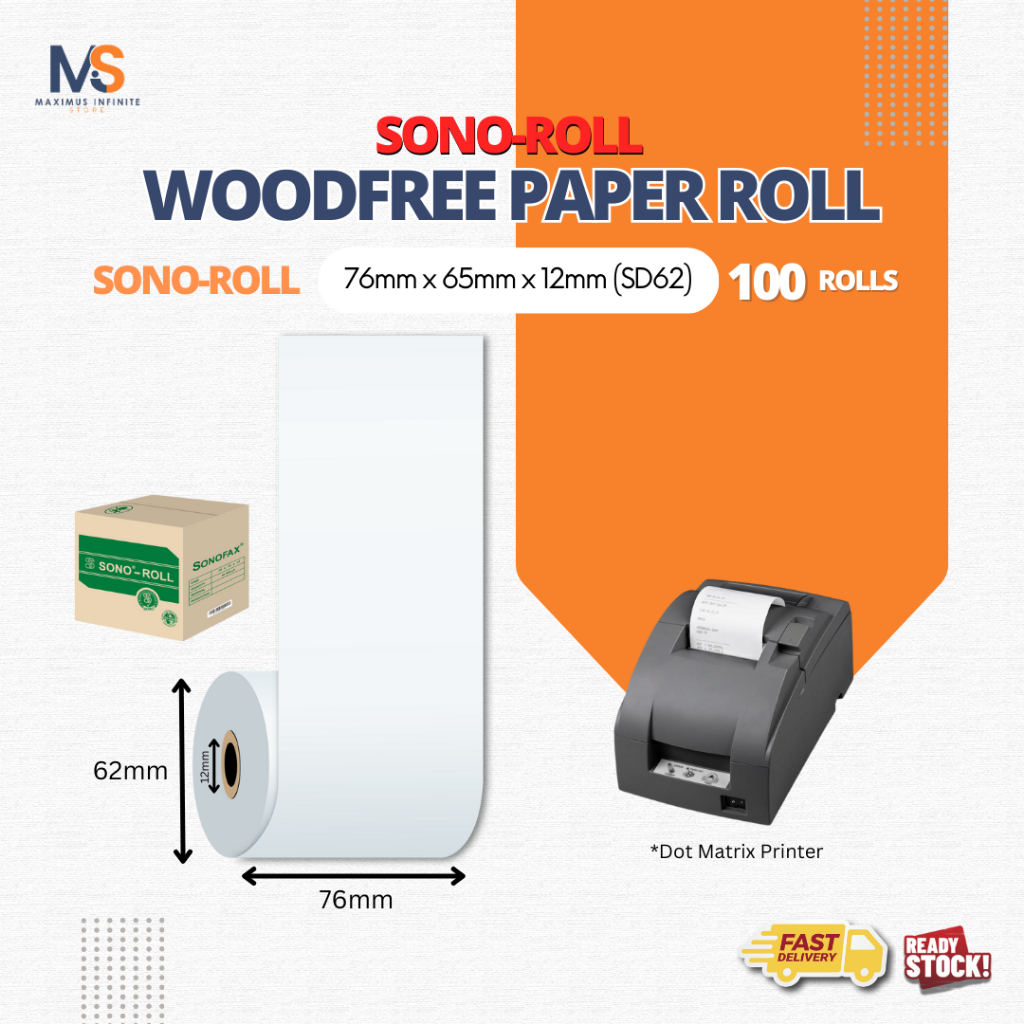 76mm x 65mm x 12mm (SD62) - 100 Rolls/Box / SONO-ROLL Woodfree Paper ...