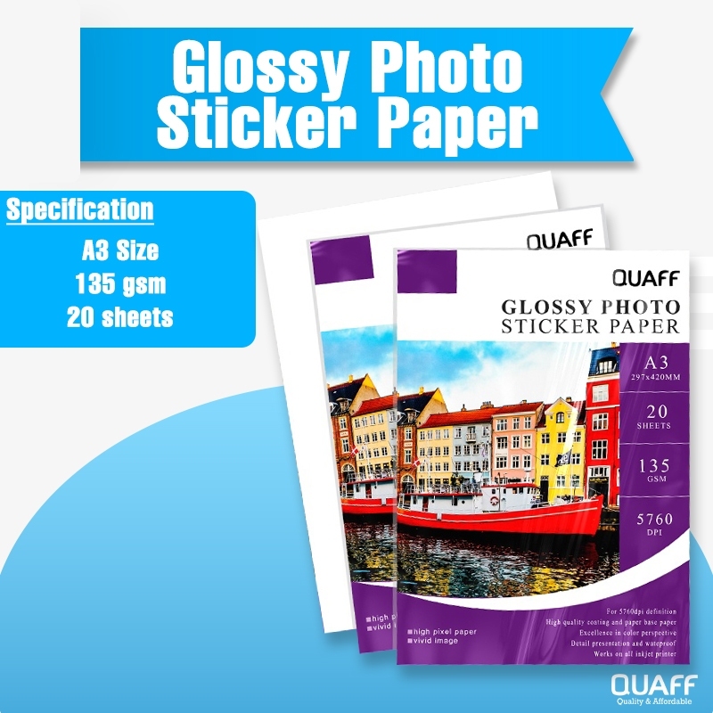 QUAFF A3 Size Waterproof Glossy Inkjet Photo Sticker 135GSM (20 Sheets ...