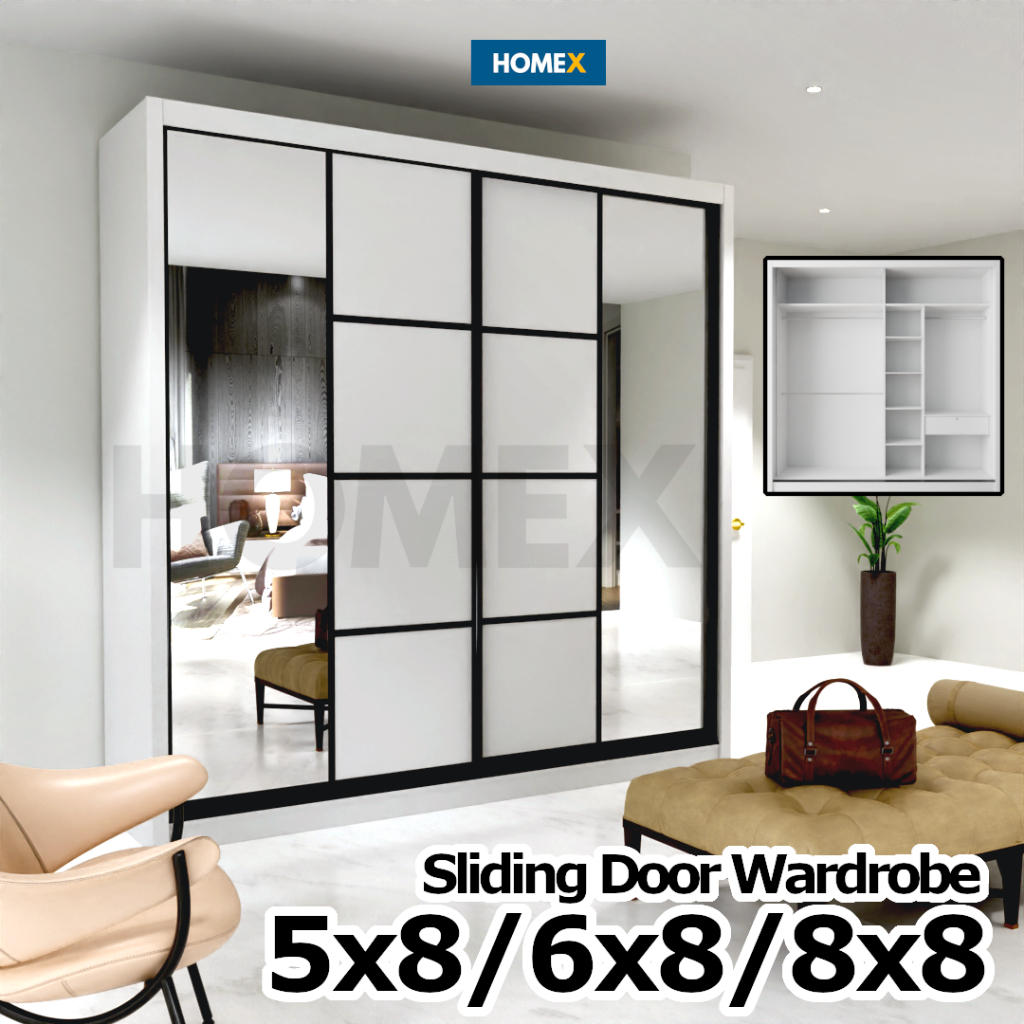 FREE INSTALL Almari Baju Murah Wardrobe Sliding Door Anti-Jump Cabinet Clothes 8ft x 8ft / 6ft x ...