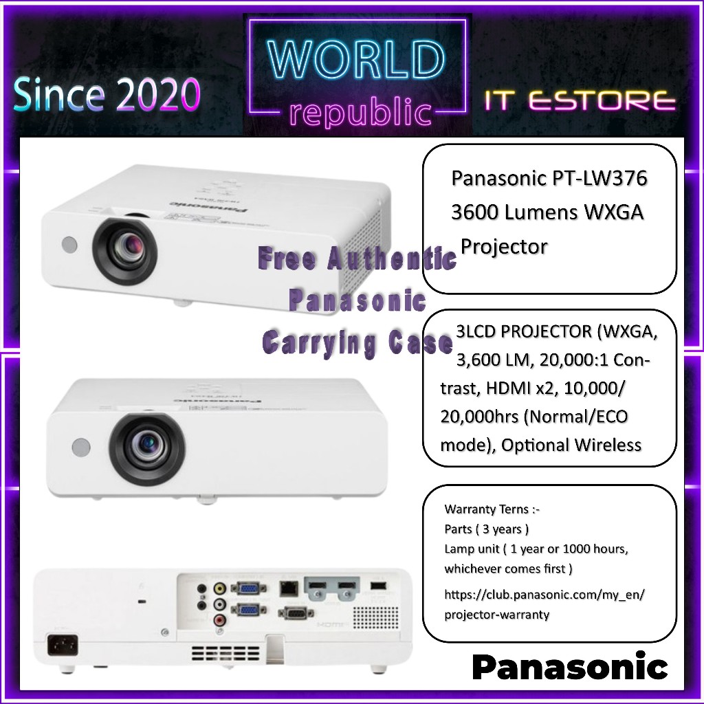 Panasonic PT-LW376 PTLW376 LW376 3600 Lumens WXGA Projector | Shopee ...
