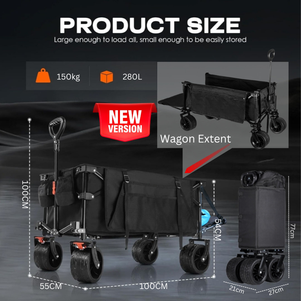 210L Wagon Trolley Camping Foldable Shopping Trolley Wagon Blackdog ...